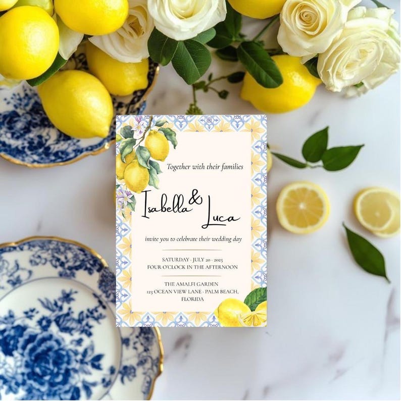 Editable Lemon Wedding Invitation Canva Template | Mediterranean Citrus ...