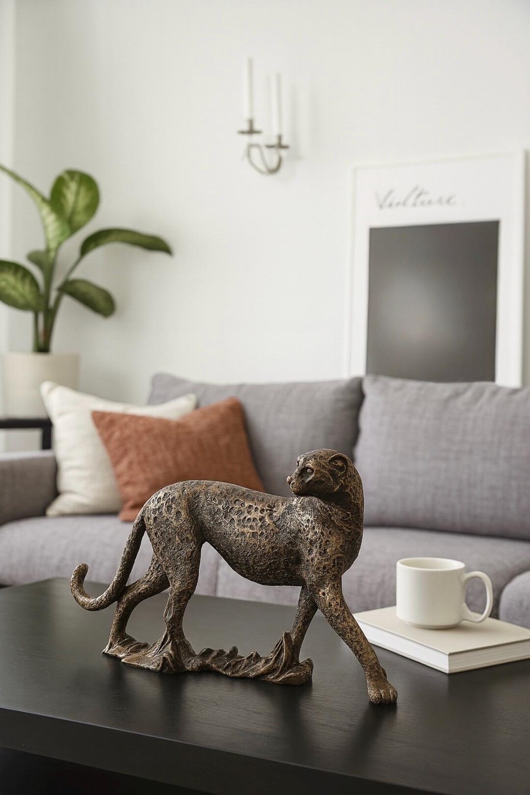 African Leopard Sculpture | Bronze Resin Safari Animal Statue | Tribal ...
