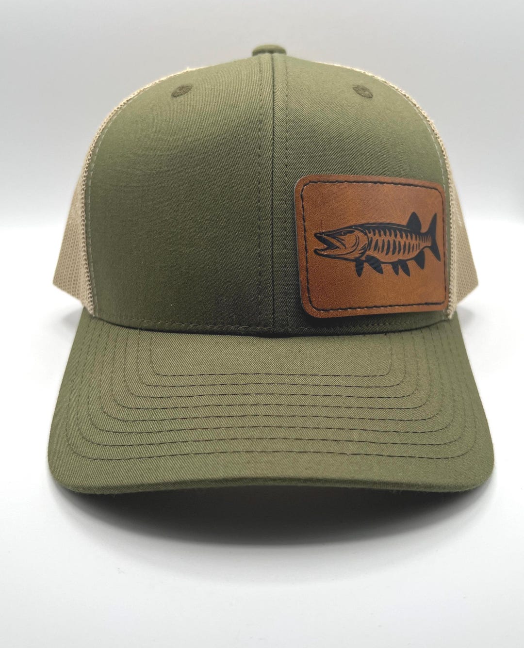 Olive Green Muskie Trucker Hat – Leather Fish Patch, Snapback Angler ...