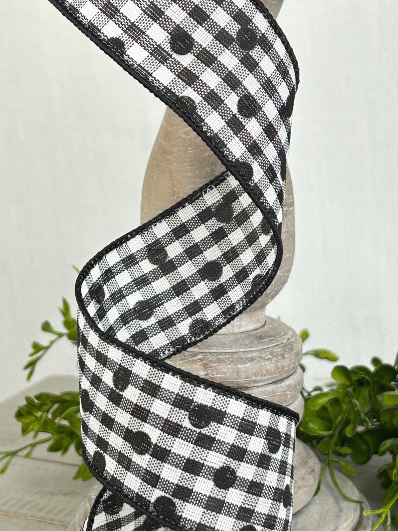 Black and White Gingham Polka Dot Ribbon, 1.5 Inch Wired Faux Linen for ...