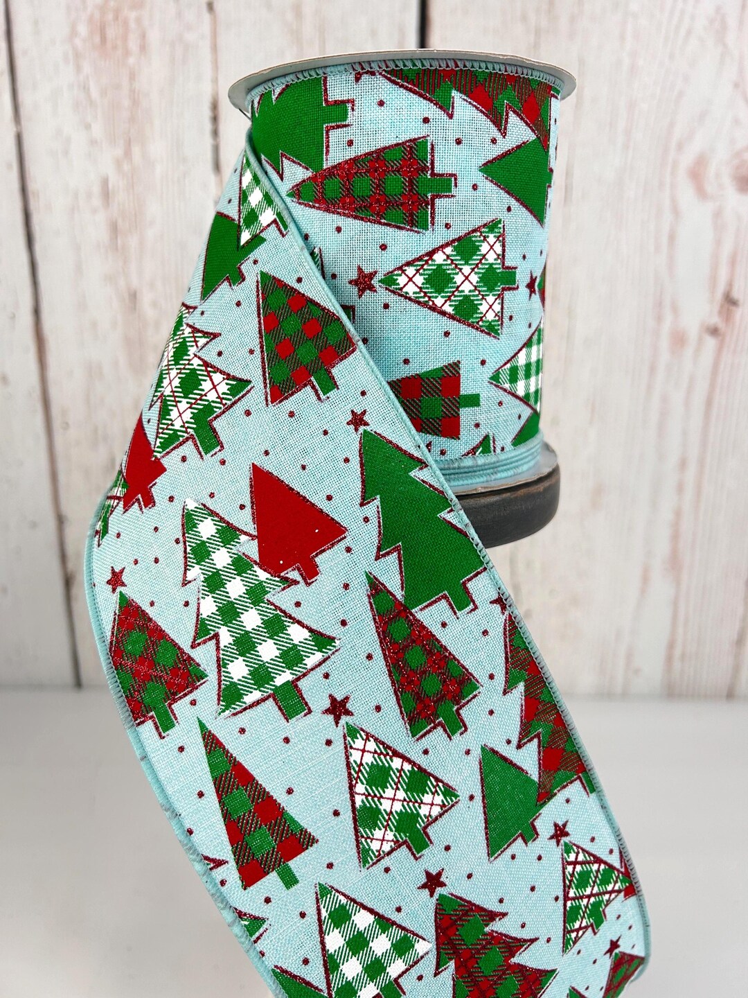 Christmas Ribbon – Light Blue Tree Print Wired Holiday Ribbon, 4 Inch ...