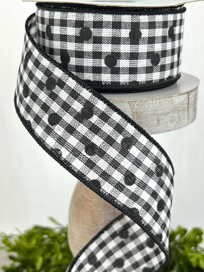 Black and White Gingham Polka Dot Ribbon, 1.5 Inch Wired Faux Linen for ...