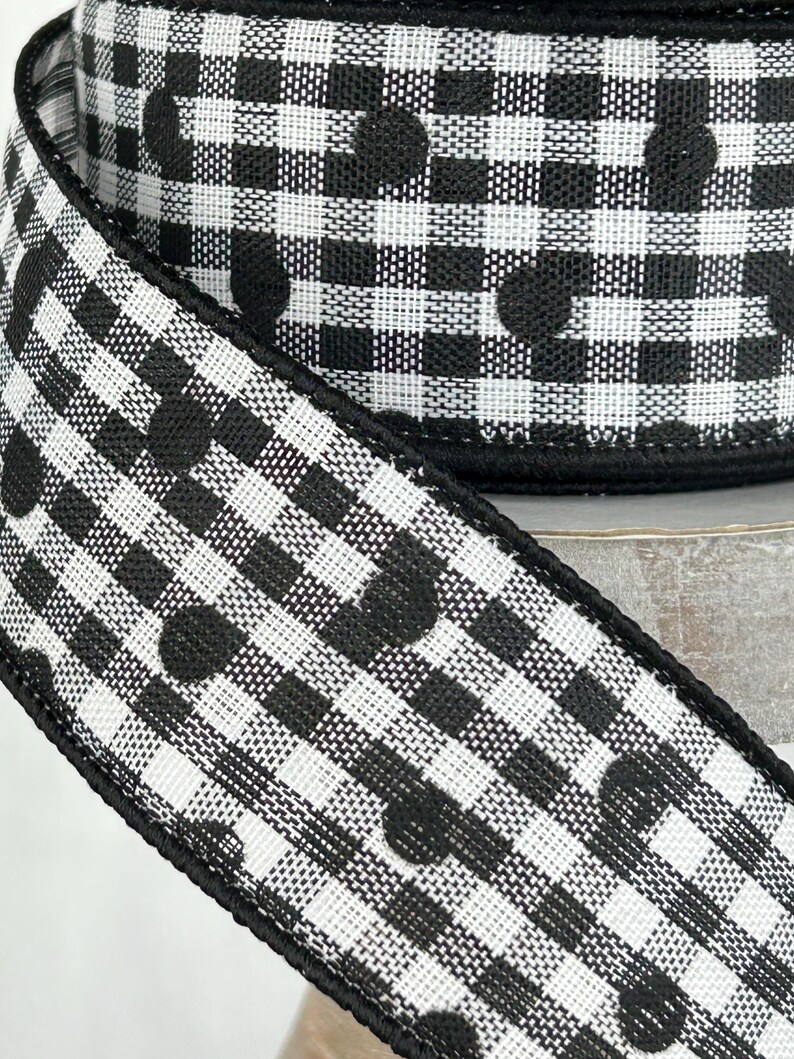 Black and White Gingham Polka Dot Ribbon, 1.5 Inch Wired Faux Linen for ...