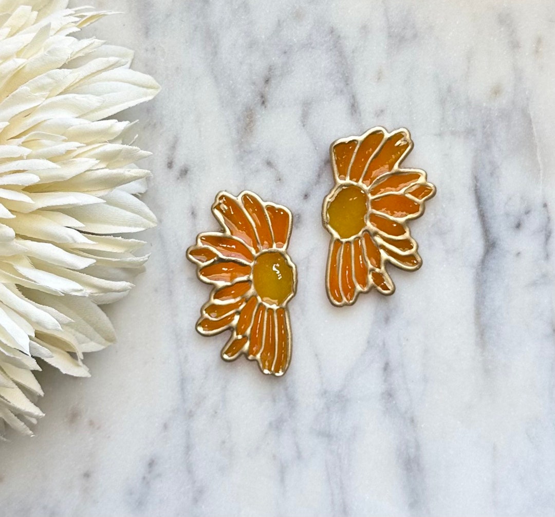 Polymer Clay Stained Glass Effect Flower Nickel Free Earrings - Orange ...