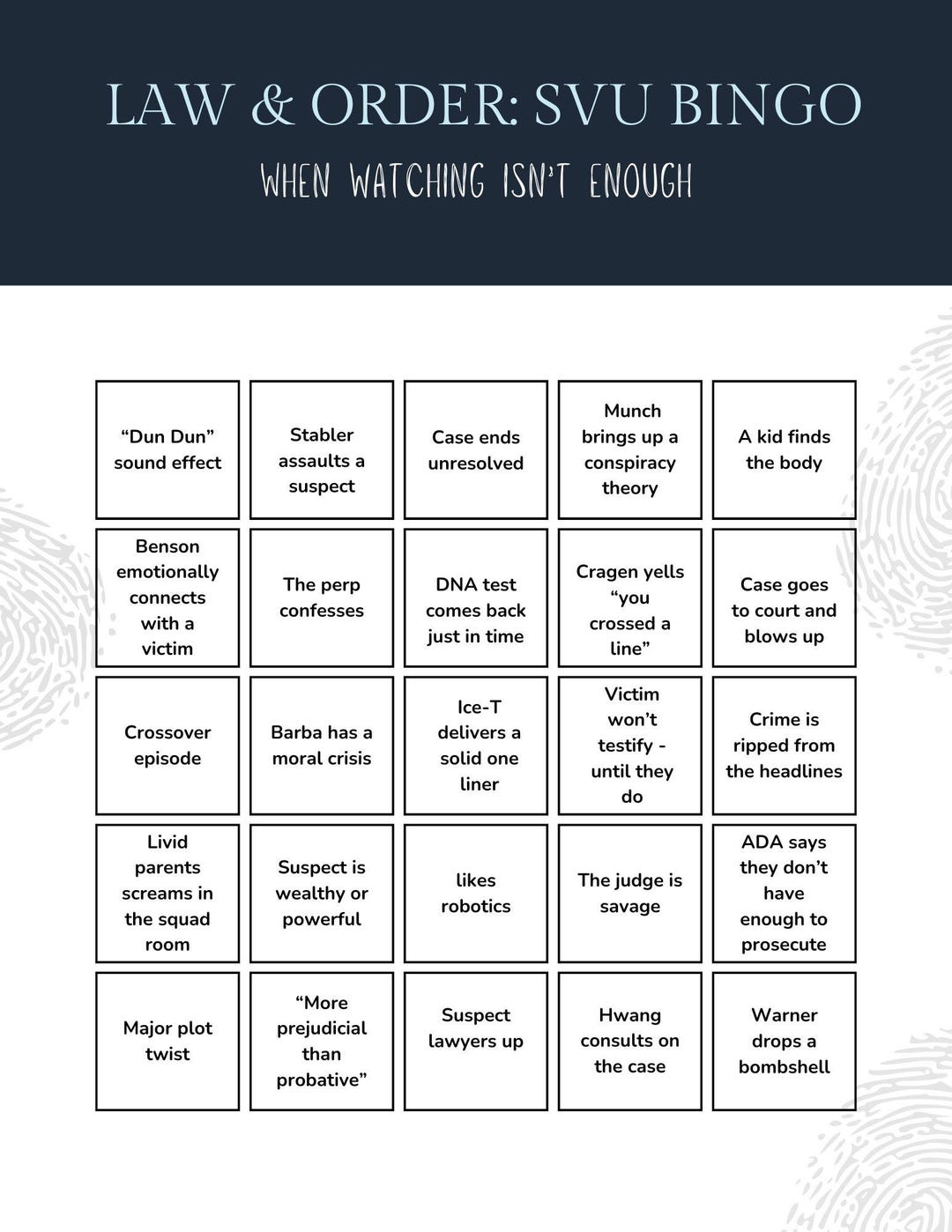 Law and Order SVU Bingo Card | Printable Game for True Crime Fans and ...