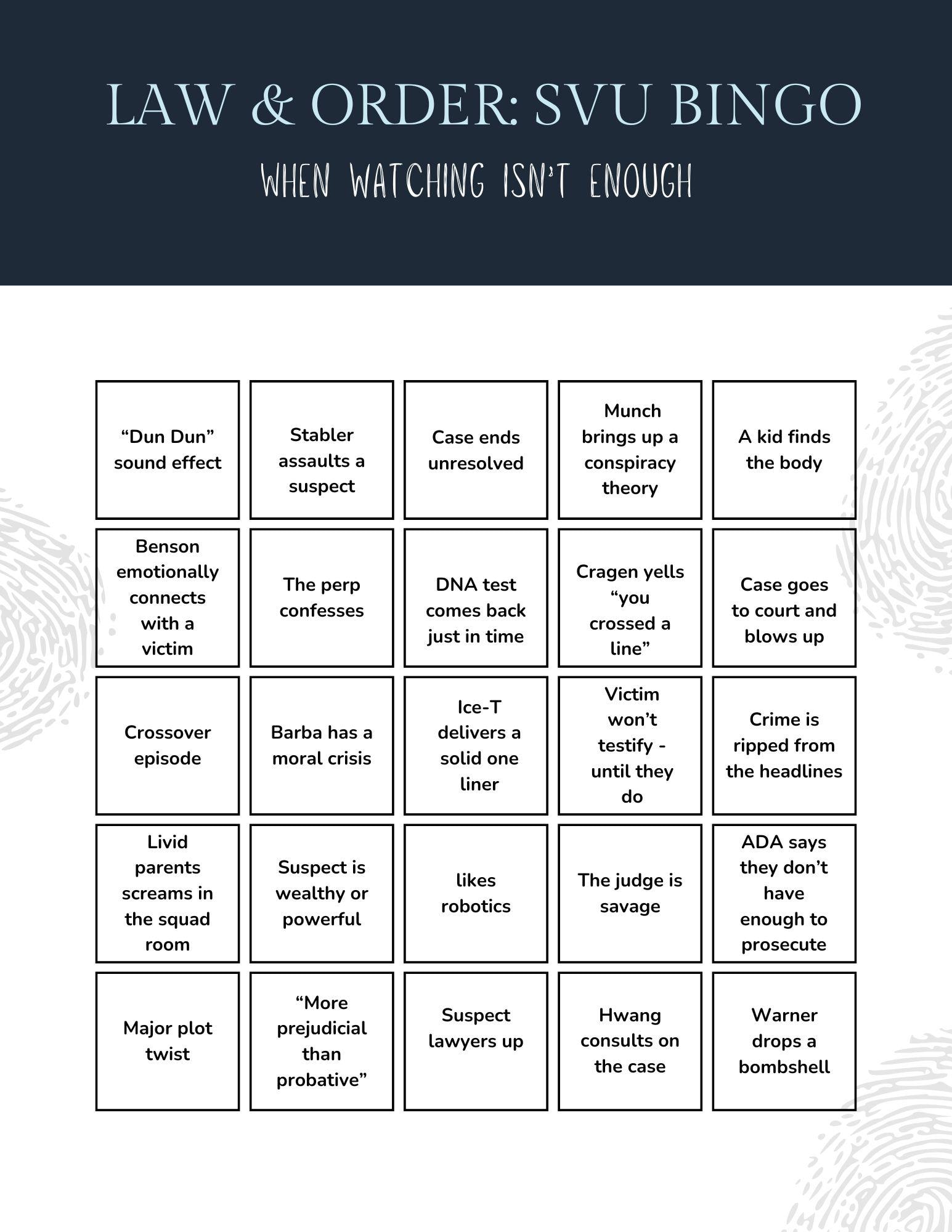 Law and Order SVU Bingo Card | Printable Game for True Crime Fans and ...
