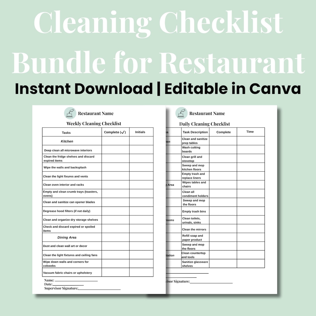 Cleaning Checklist Bundle Printable for Restaurant Owner, Restaurant ...