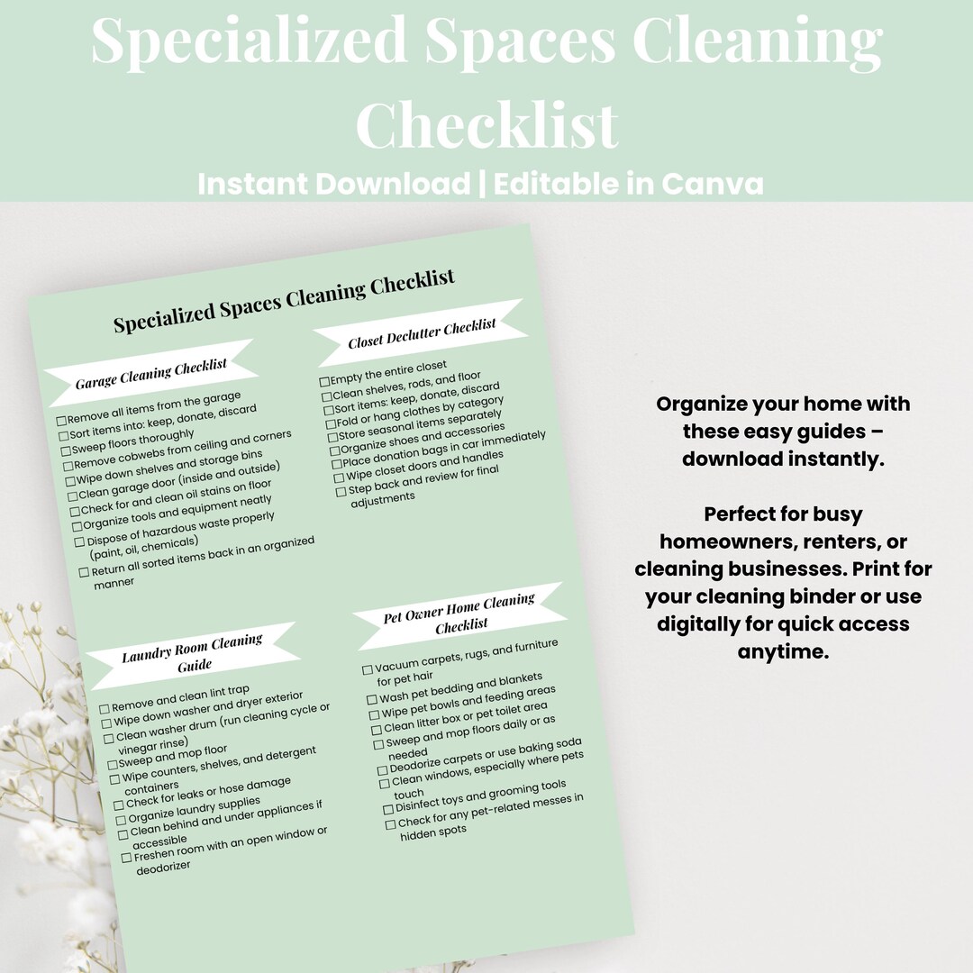 Specialized Spaces Cleaning Checklist,garage Cleaning Checklist,closet ...