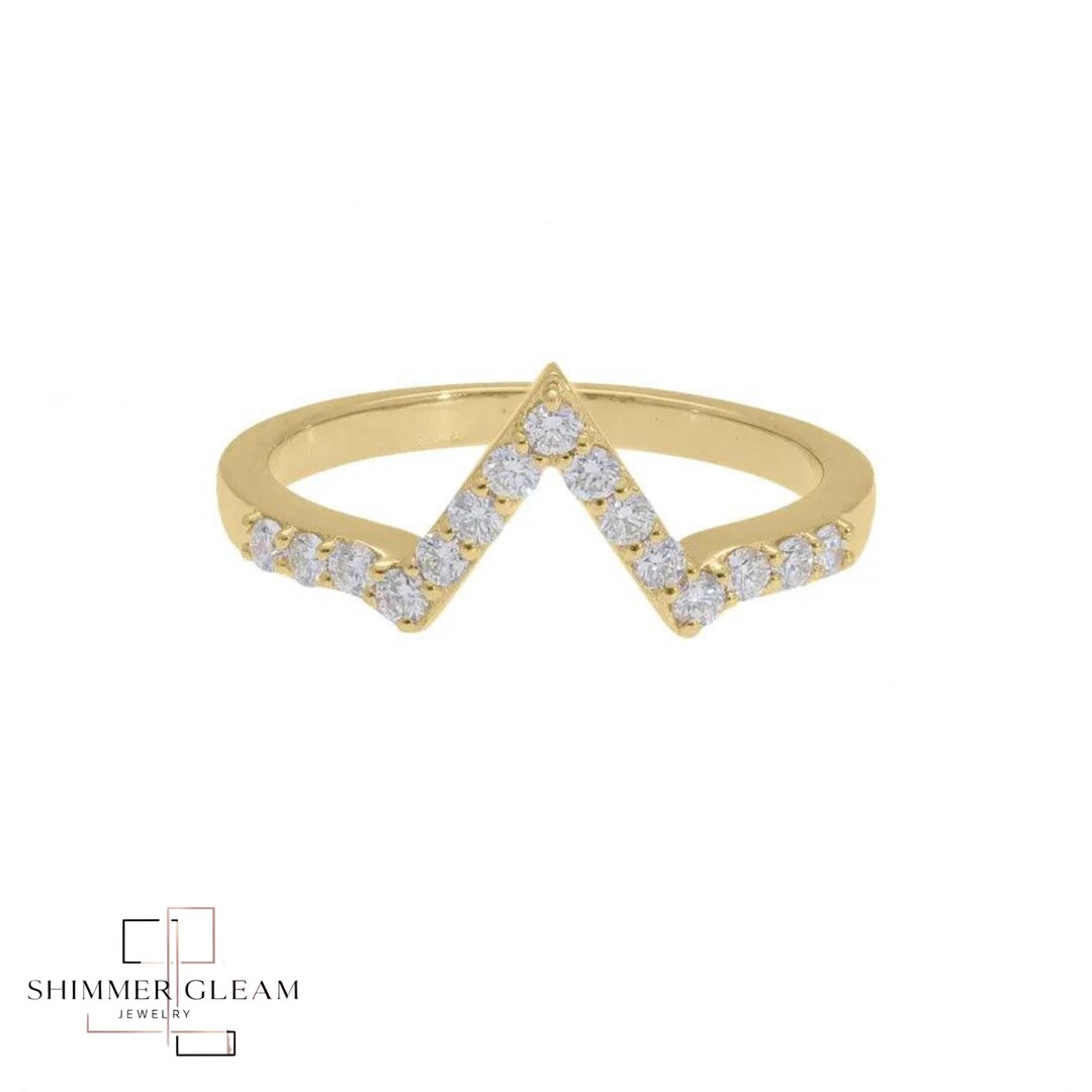 14K Solid Gold Chevron Diamond Ring, Zigzag Stackable Ring, V-shape Dainty Pave Band, Minimalist ...