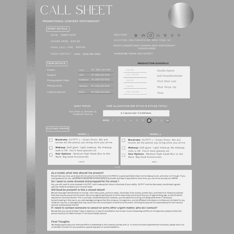 UGC Photoshoot Call Sheet | Editable Canva Template for Brand Shoots ...