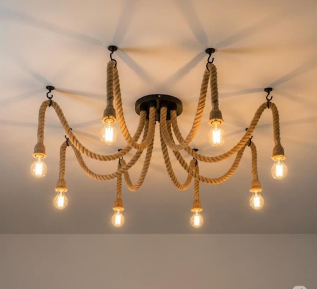 8 Arm Spider Rope Pendant Lighting, Woven With Hemp Rope, Rope Lamp ...