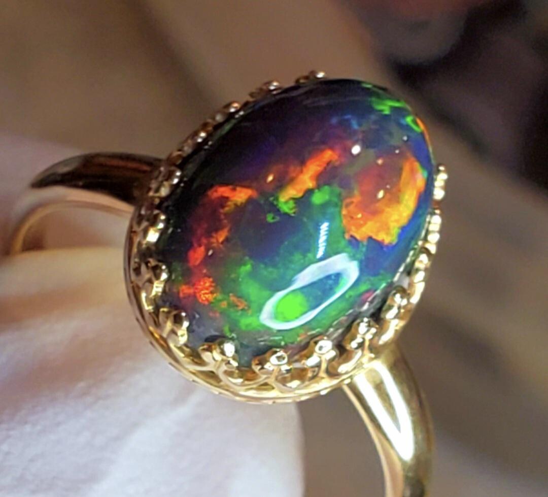 Natural Black Opal Ring Handmade Ring Welo Fire Opal Gemstone Ring 14k Solid Gold Ring Genuine ...