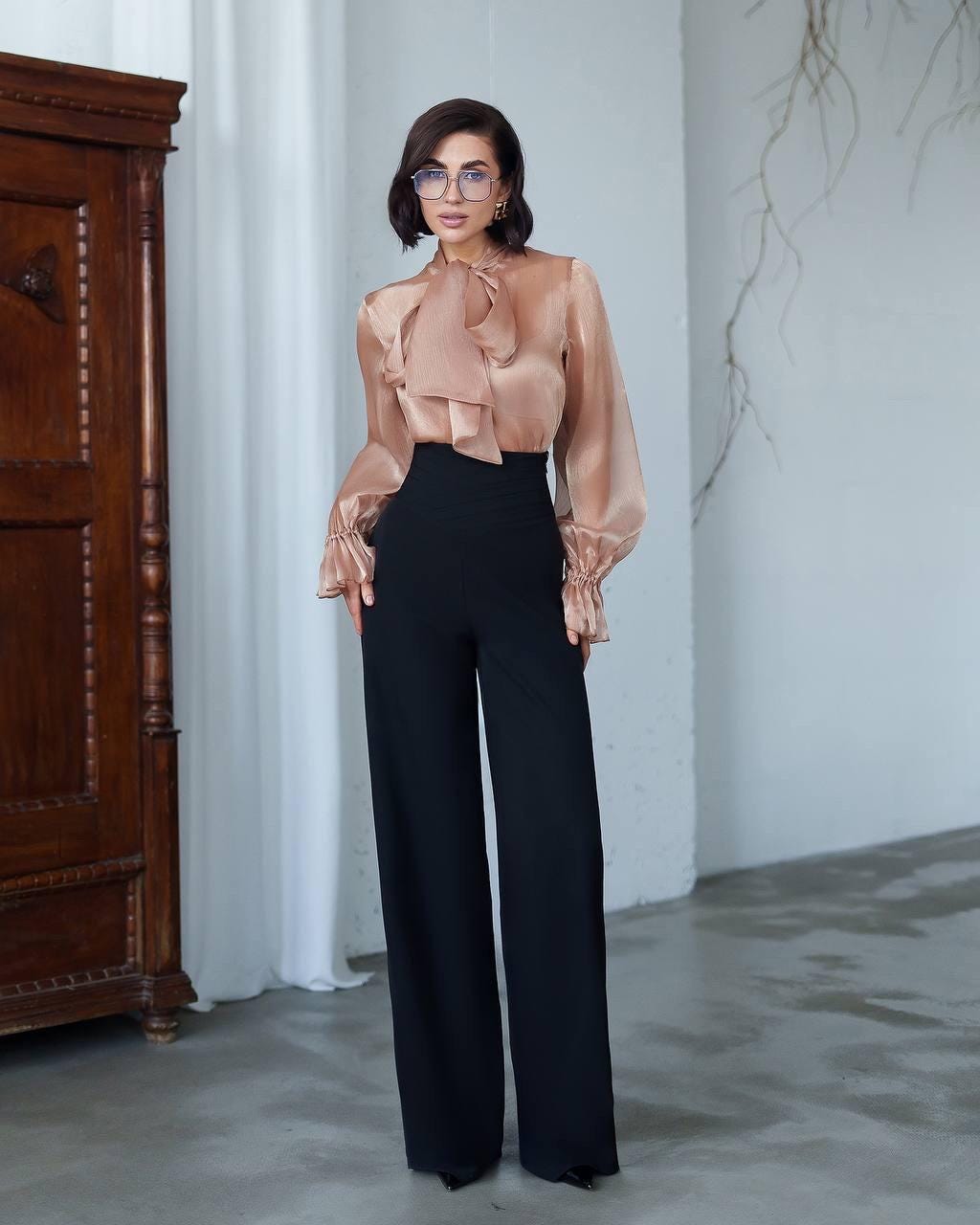 Evening Sheer Organza Blouse, Designer Formal Long Sleeve Top for Women ...