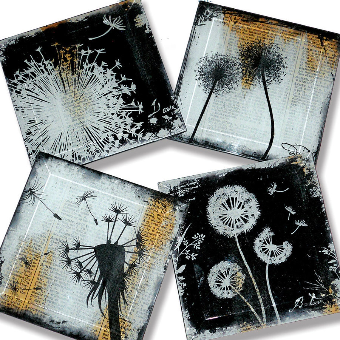 Dandelion Handmade Glass Coaster Set From Upcycled Dictionary - Etsy