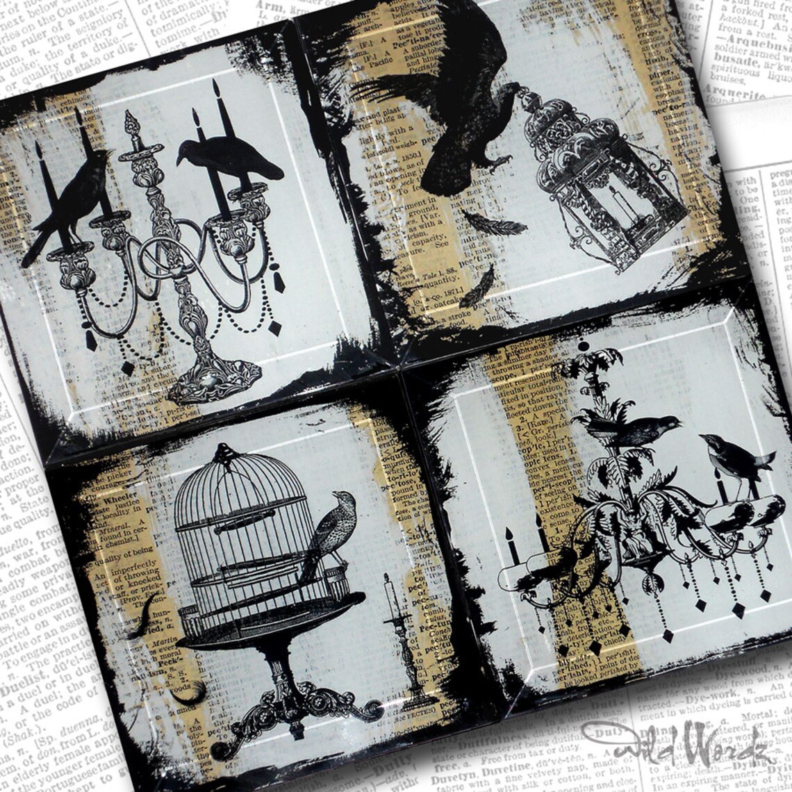 Black Bird Chandelier Candelabra Birdcage Glass Coaster Set | Etsy