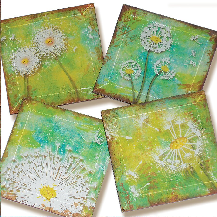 Dandelion Coasters Geoforms Handmade Decoupage Glass Beveled - Etsy