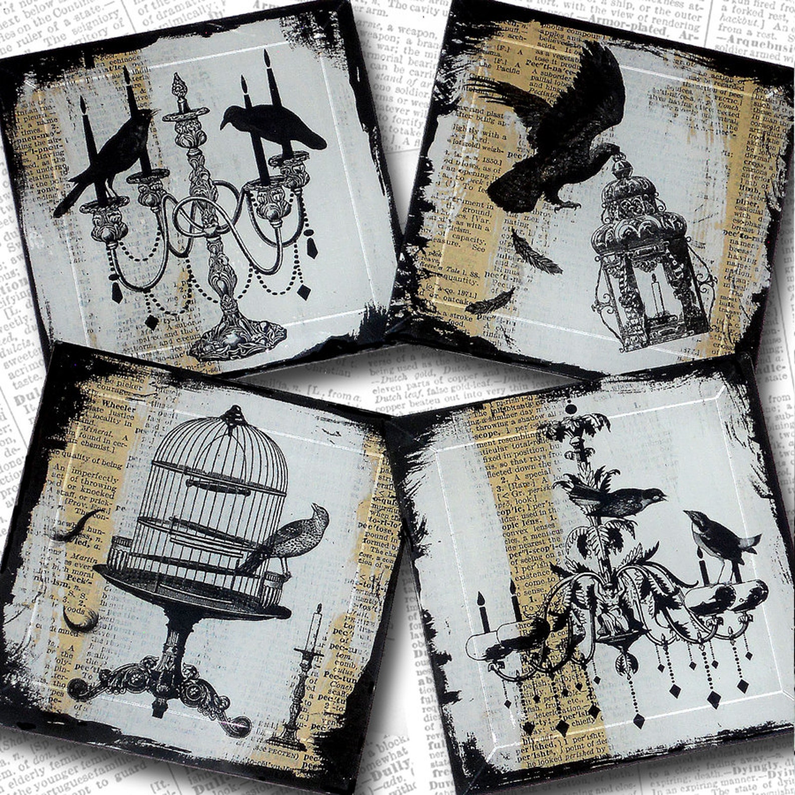 Black Bird Chandelier Candelabra Birdcage Glass Coaster Set - Etsy