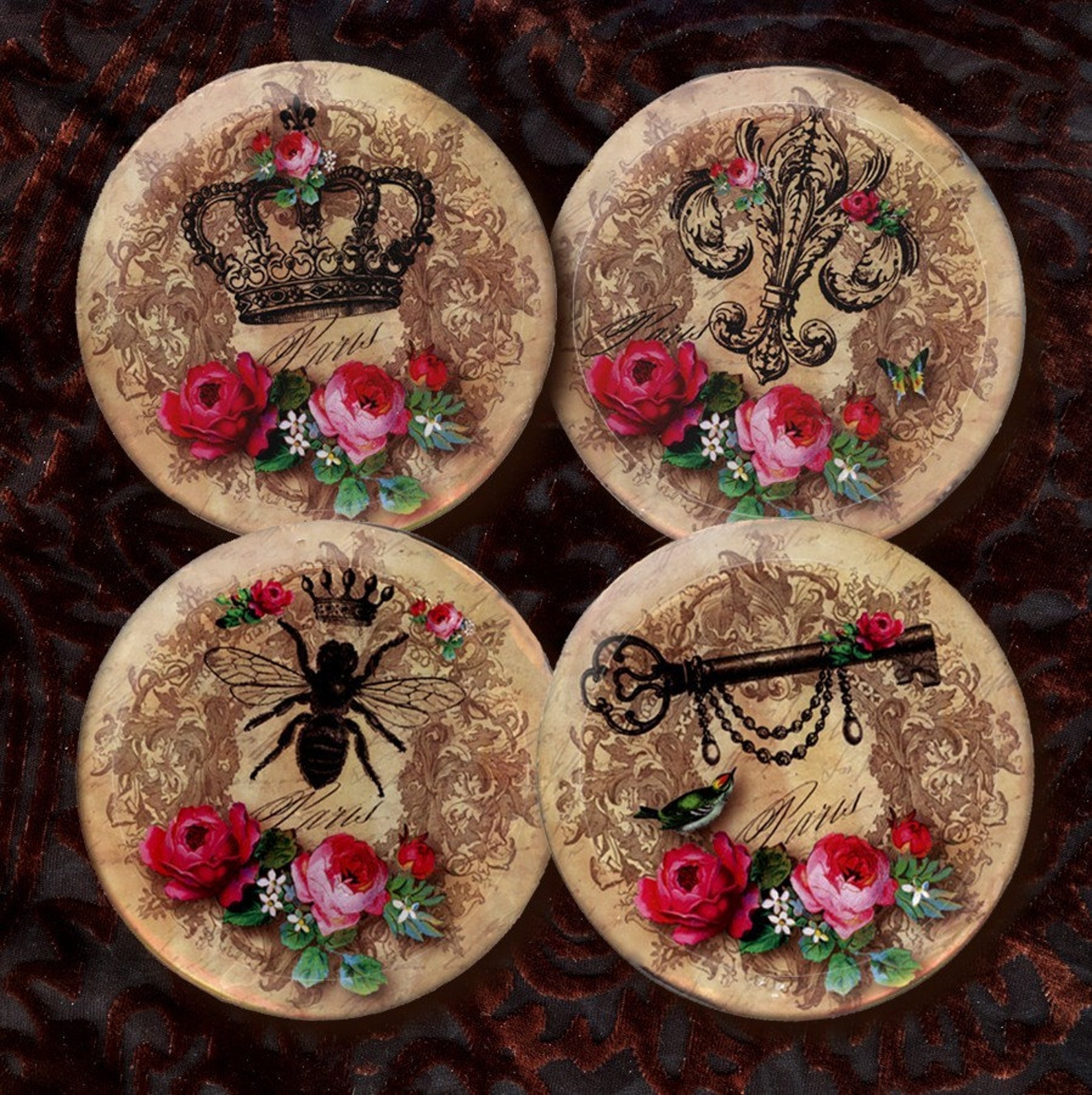 Paris Rose Royal Coasters Vintage Paris Handmade Decoupage - Etsy