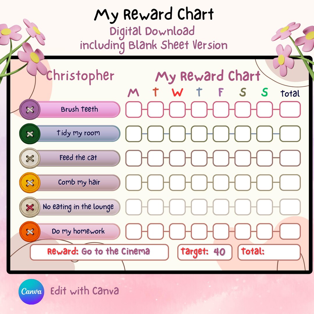 Reward Chart Children's Button Style - Editable Download - Etsy