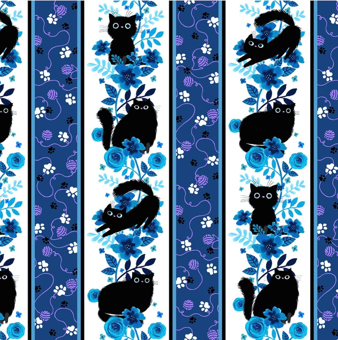 Studio E Meow Black Cat Repeating Border Stripe Ink/hyacinth Cotton ...
