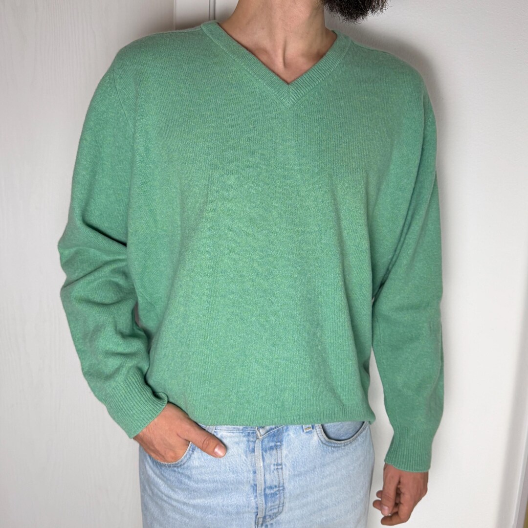 Vintage Sweater Mens Alan Paine Green 100% Pure Lambs Wool V-neck ...
