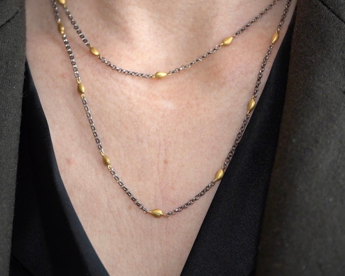 Two-toned, 24K Gold Necklace, SS Beads With and Silver Chain, 38 - Etsy