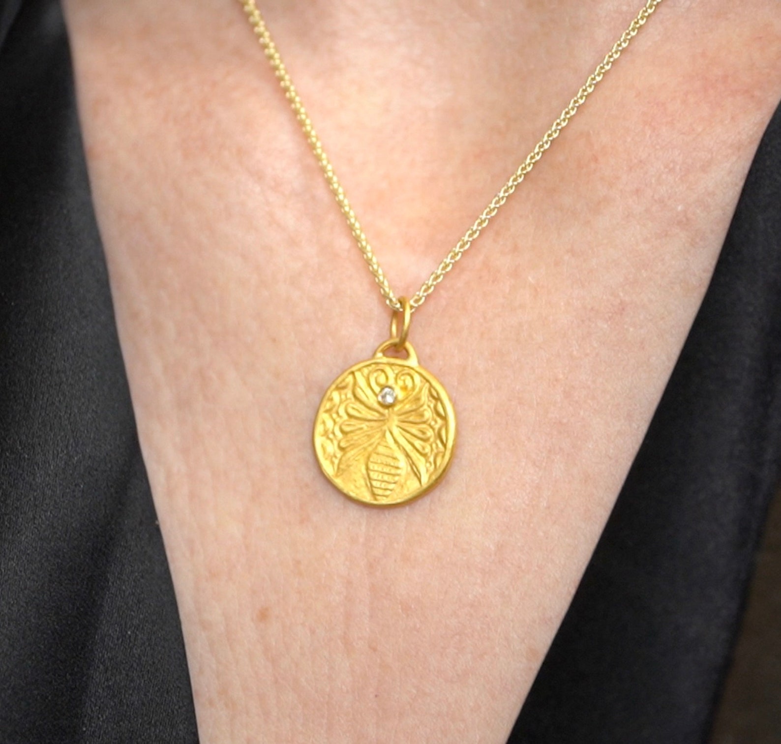 Ancient Bee Coin Charm Pendant Necklace With Diamond, 24kt Solid Gold ...