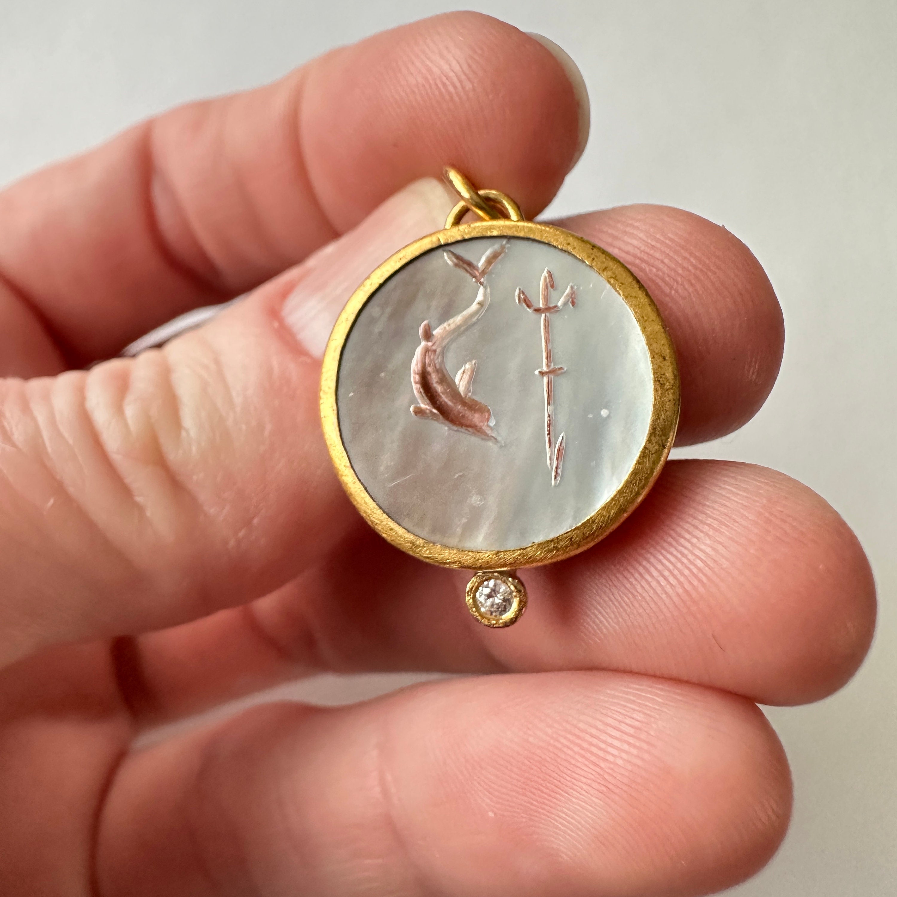 Poseidon, Arrow, Dolphin Intaglio Charm Pendant, 24K Gold, Mother of ...
