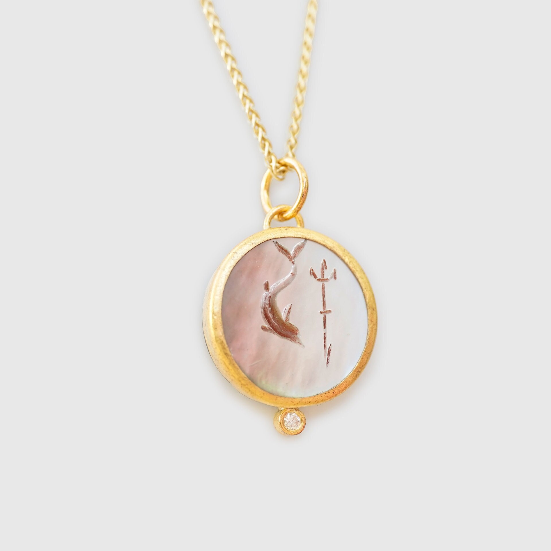 Poseidon, Arrow, Dolphin Intaglio Charm Pendant, 24K Gold, Mother of ...