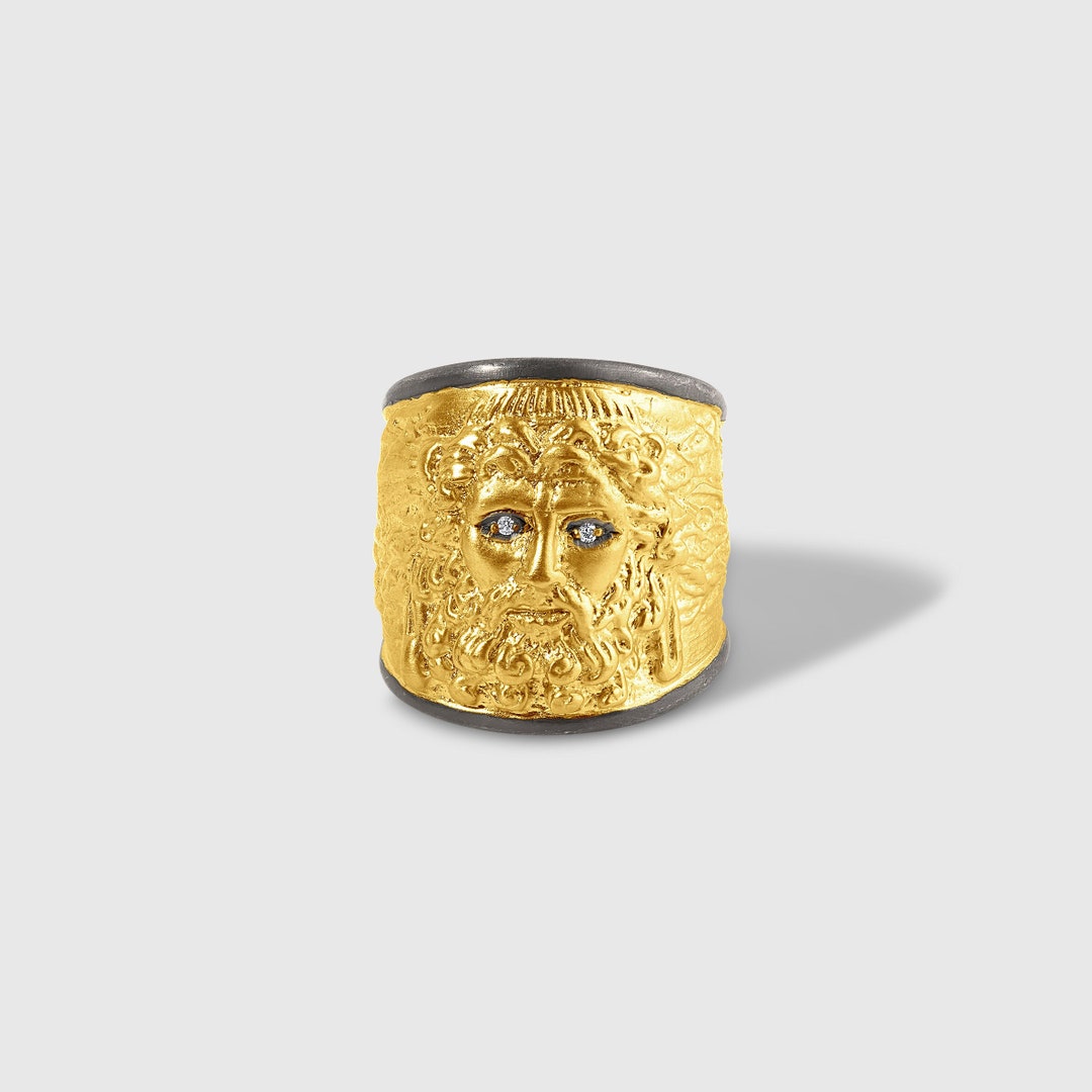 Gold Bacchus Ring With Diamond Eyes, 24K Gold and Silver, Handmade by ...