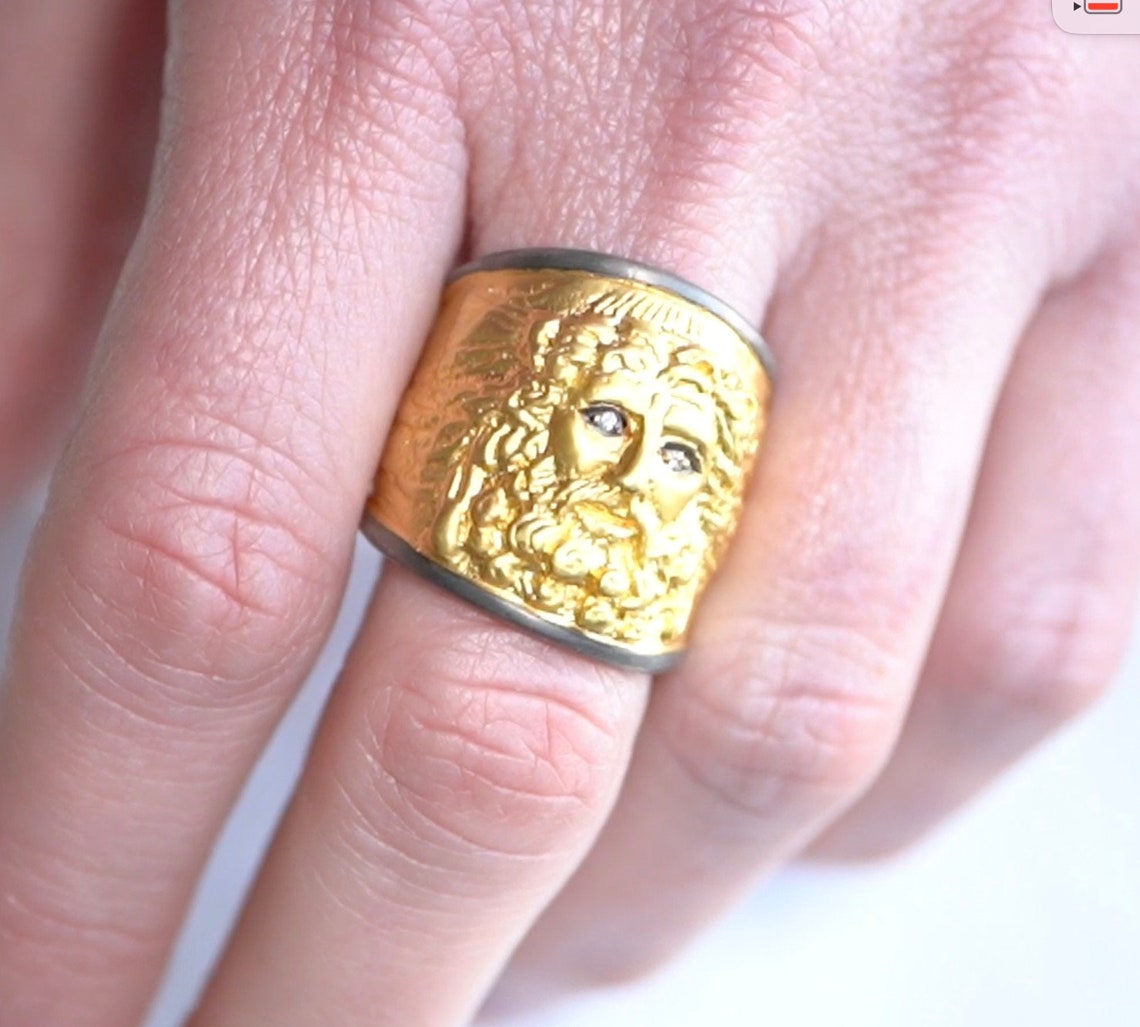 Gold Bacchus Ring With Diamond Eyes, 24K Gold and Silver, Handmade by ...