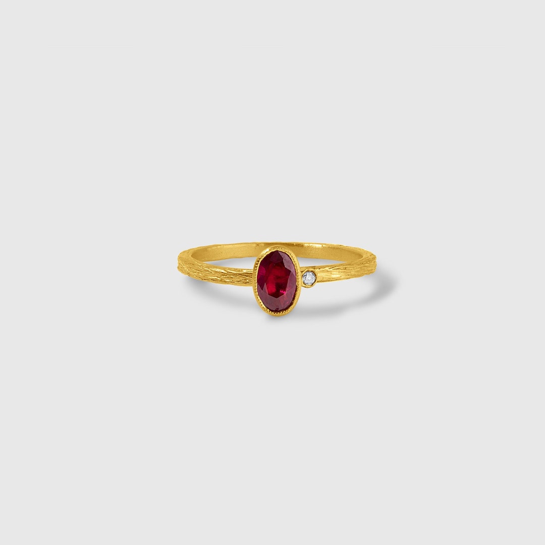 Dark Red, Oval Single Ruby With Diamond, 24kt Solid Gold Ring - Etsy