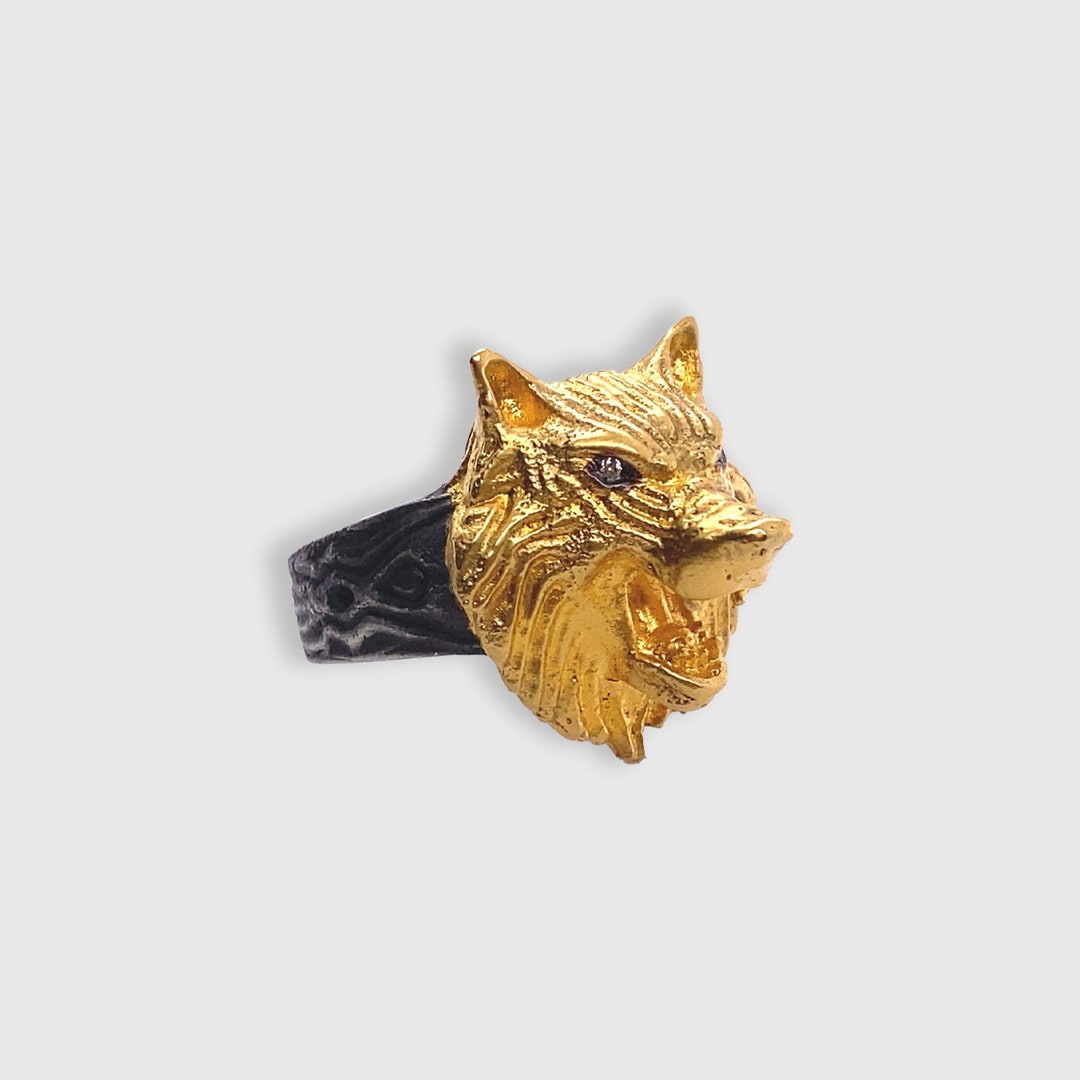 Kitsch Wolf Cocktail Ring With Diamond Eyes, 24K Goldfused & Silver by ...