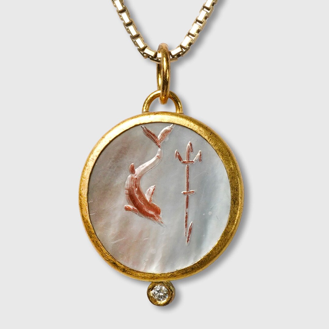 Poseidon, Arrow, Dolphin Intaglio Charm Pendant, 24K Gold, Mother of ...