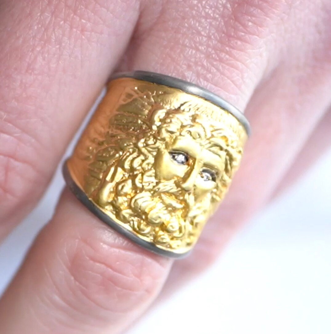 Gold Bacchus Ring With Diamond Eyes, 24K Gold and Silver, Handmade by ...