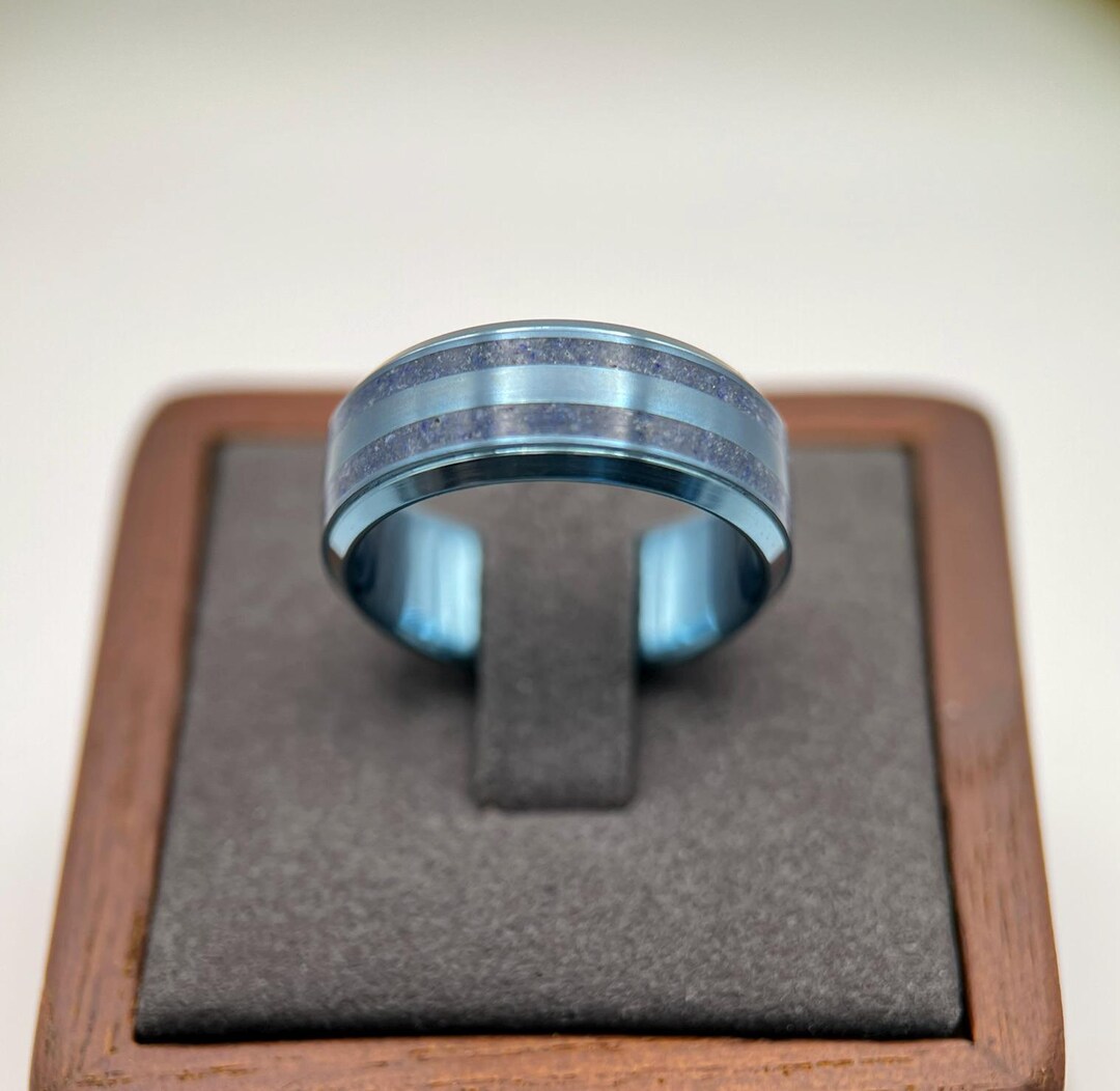 Anodized Blue Titanium Glow Ring - Faceted Band With Lapis Lazuli Inlay - Handmade Men's and ...