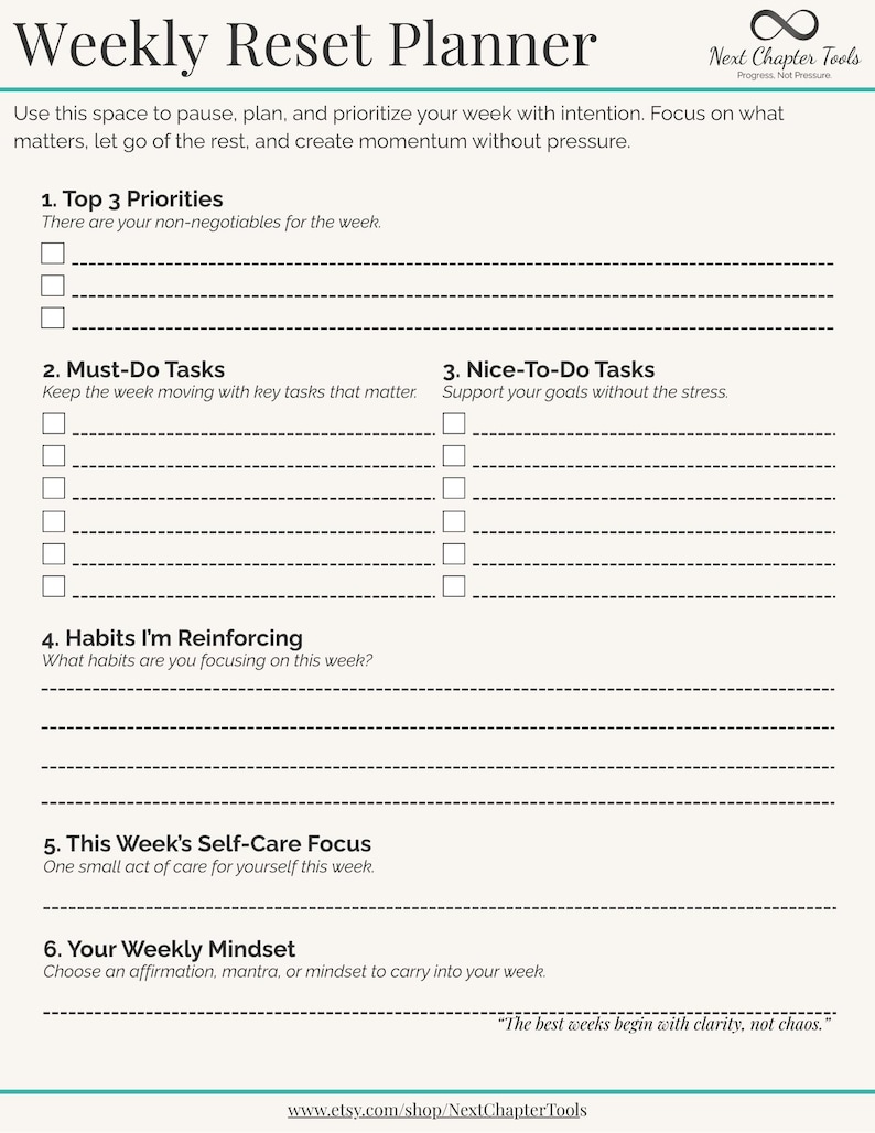 Weekly Reset Planner | Printable PDF for Prioritizing, Self-care ...