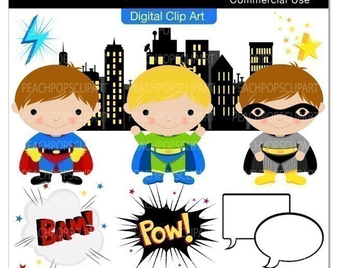 Lil Superhero Boys Digital Clip Art Set 11 Design Elements Super Hero ...