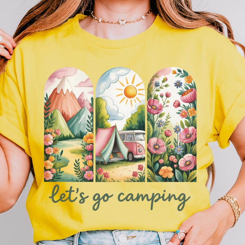 Retro Camping PNG: Camper Van, Tent & Wildflower Scene (digital ...
