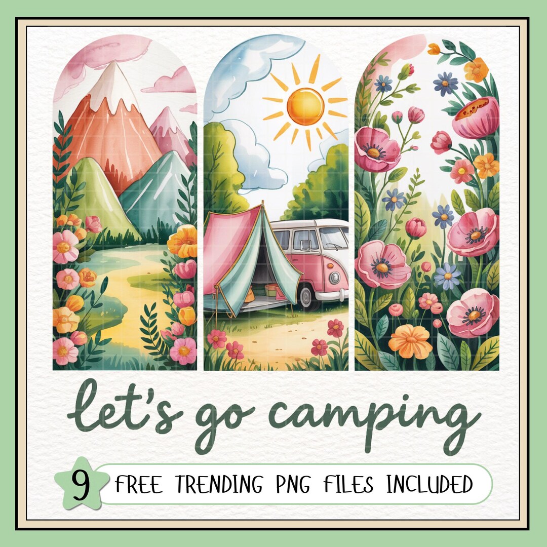 Let’s Go Camping PNG – Retro Camper Van, Mountain Tent & Wildflower ...