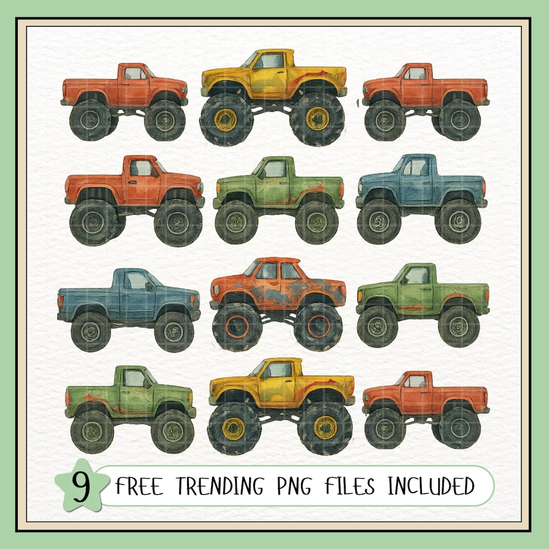 Watercolor Monster Truck Clipart: Vintage Truck PNG (digital Download ...