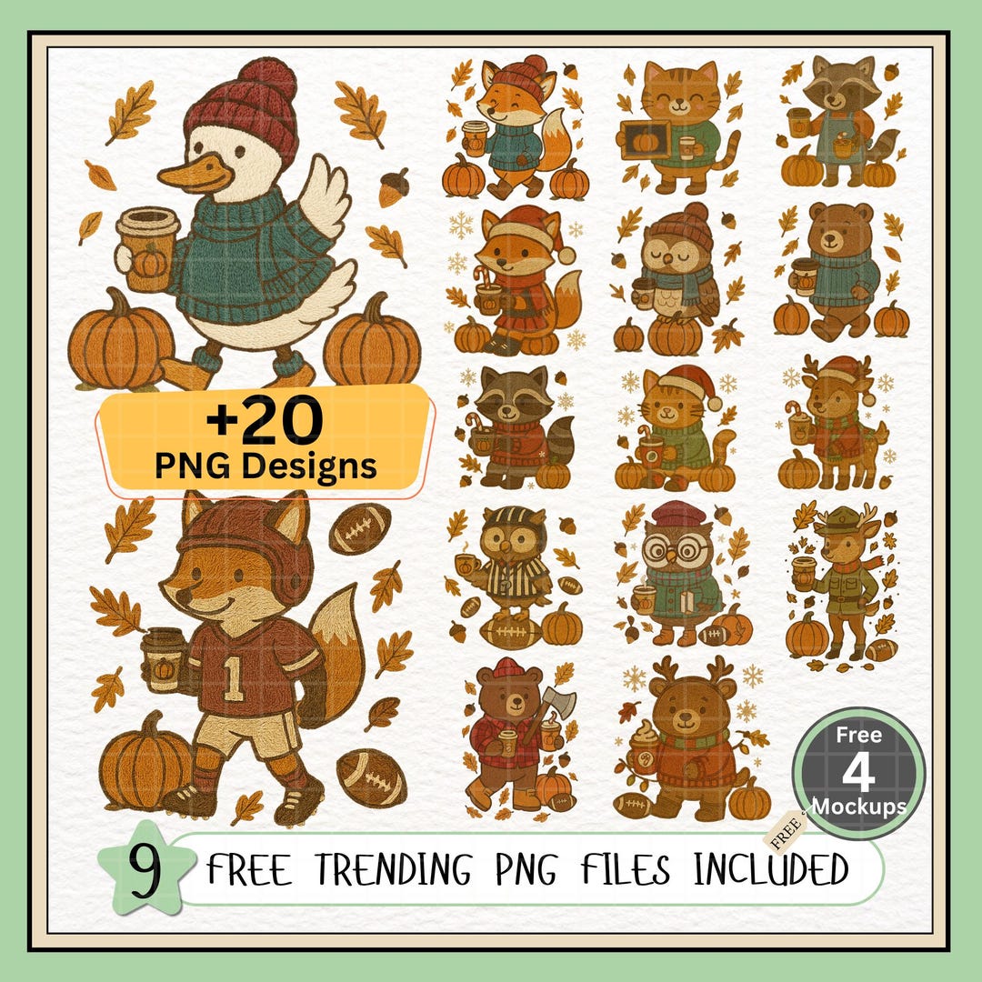 Cozy Autumn Animals PNG Digital Download – Fall Sublimation Bundle With ...