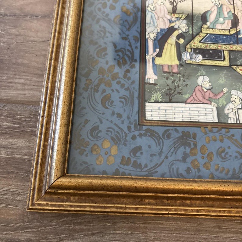 Perisan Mughal Painting of Emperor Man & Figures W/ Blue Painted Matte ...