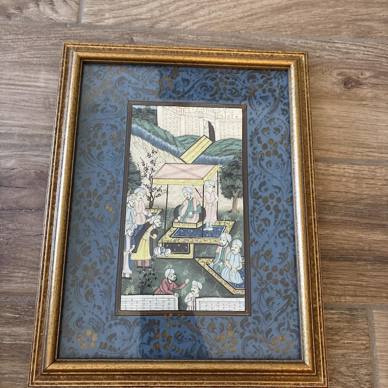 Perisan Mughal Painting of Emperor Man & Figures W/ Blue Painted Matte ...