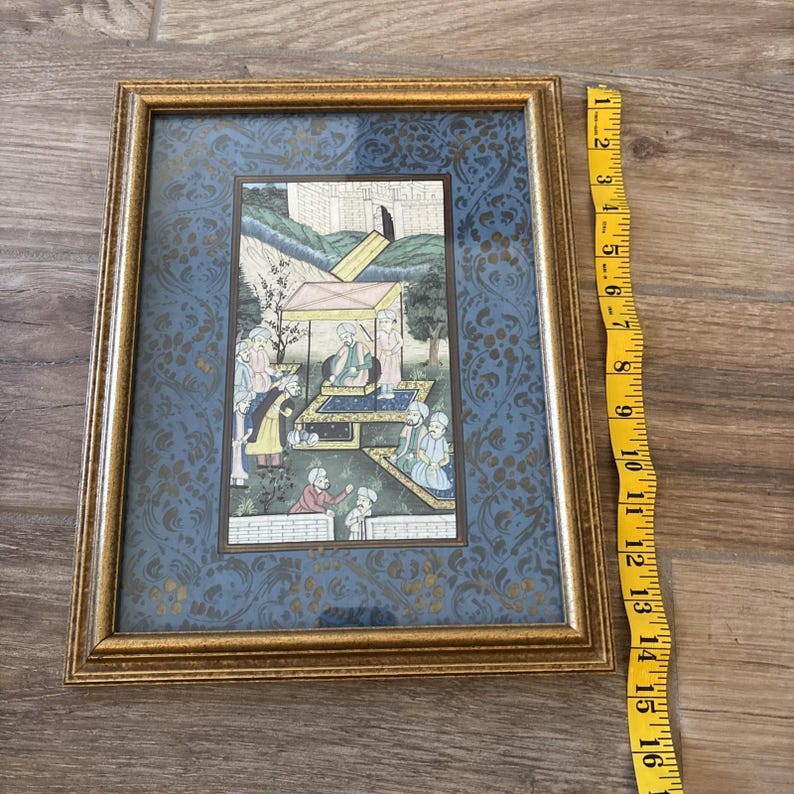 Perisan Mughal Painting of Emperor Man & Figures W/ Blue Painted Matte ...