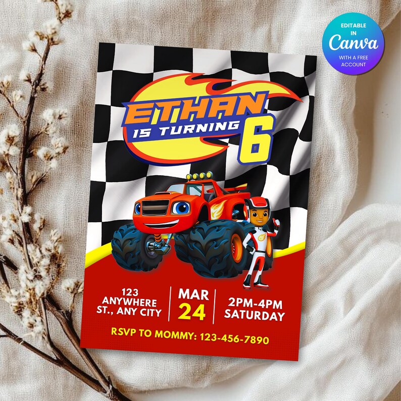 Editable Blaze and the Monster Machines Birthday Invitation Template ...