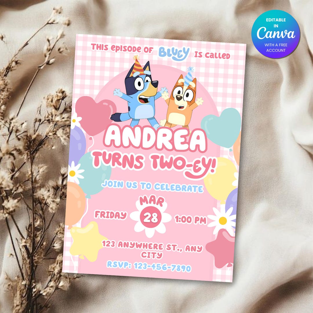 Bluey Birthday Invitation Girl Bluey Twoey Birthday Invitation Girl ...