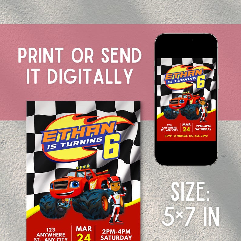 Editable Blaze and the Monster Machines Birthday Invitation Template ...