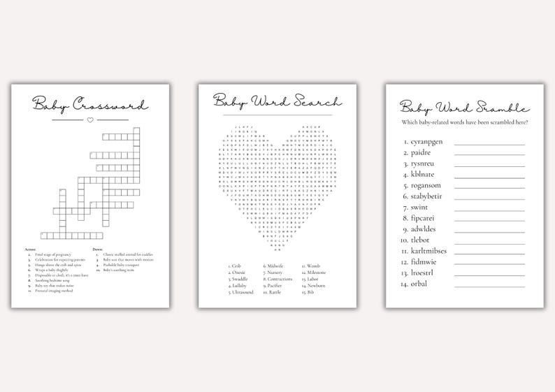 Baby Shower Puzzles - Crossword, Word Search, Word Scramble, Maze ...