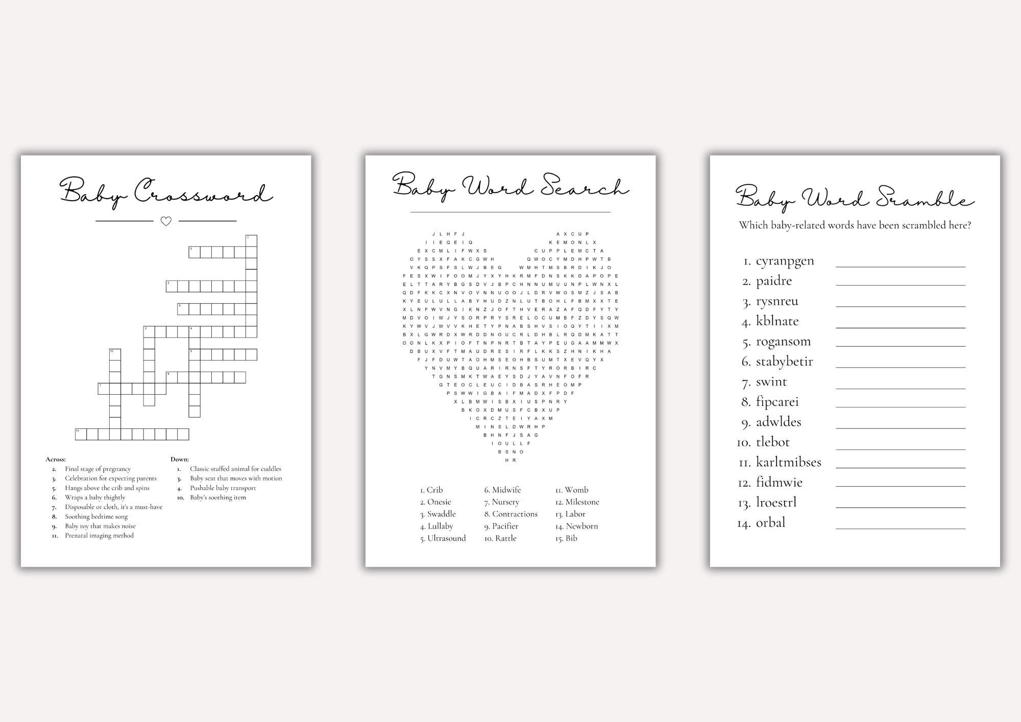 Baby Shower Puzzles - Crossword, Word Search, Word Scramble, Maze ...